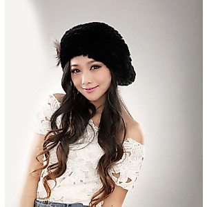 URSFUR Winter Women's Rex Rabbit Fur Beret Hats with Fur Flower (Black)