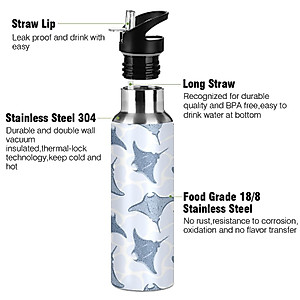 Dussdil Stingray Fishes Water Bottle Kid's Vacuum Insulated Tumblers Stainless Steel Cup BPA Free with Handle Straw Lid for Boys Girls Gifts 20 Oz