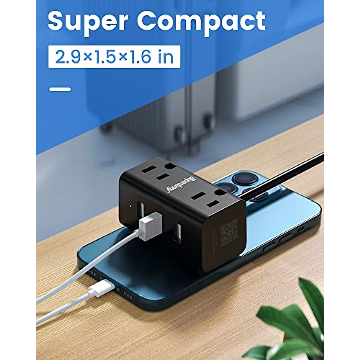 Power Strip with USB, Superdanny Mini Portable Desktop Charging Station with 2 Widely Outlets 3 USB Ports, 4ft Flat Plug Extension Cord, Travel Essentials, Cruise Compliant, for Home Office, Black