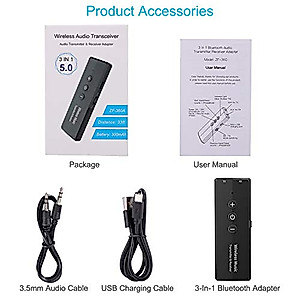 Bluetooth 5.0 Transmitter 3-in-1, Portable Wireless Bluetooth Transceiver Adapter, Rechargeable Bluetooth Transmitter for TV, Bluetooth Audio Receiver for Car System