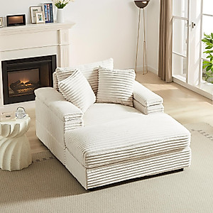 Chaise Lounge Chair Indoor, 43.3 Inch Comfy Corduroy Sectional Cloud Couch, Upholstered Single Sofa w/Movable Ottoman for Living Room, Bedroom, Apartment, Beige