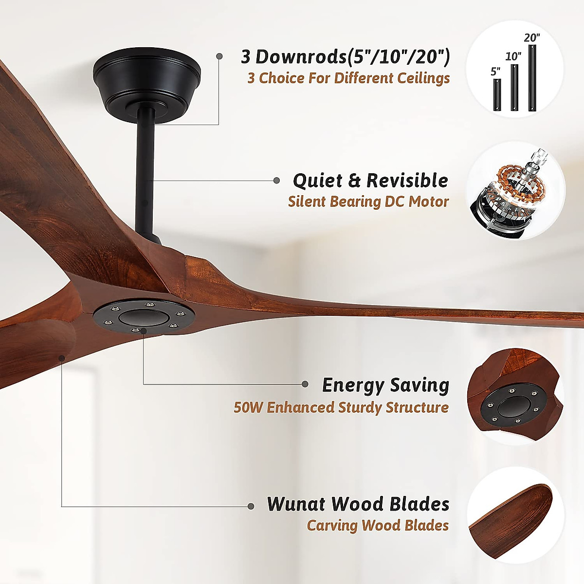 Chriari 70'' Ceiling Fan with Remote/App/Voice Control, Wood Ceiling Fan with 3 Walnut Blades and Reversible DC Motor, Supports 5 Speeds and Smart Timing, Compatible with Alexa/Google Assistant