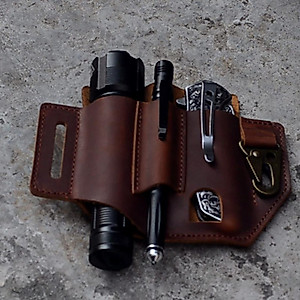 COLEAT Genuine Leather Multitool Sheath for Belt, Leather Man Sheath for Men, Leather EDC Pocket Organizer with Pen Holder, Flashlight Sheath, Keychain Clip, Knives Sheath Holster Brown