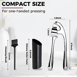 Premium Garlic Press, Garlic Mincer Set of 3 with Silicone Roller Peeler & Cleaning Brush - Gloss Silver