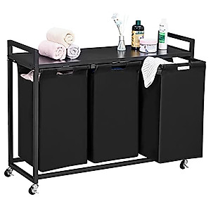 Herture Laundry Basket, 3 Compartment Laundry Hamper, 3 x 10 Gal (38L), with Shelf Rolling Laundry Sorter Organizer, Pull- Out Laundry Sorter with 3 Removable Laundry Bags Black PF01XLB