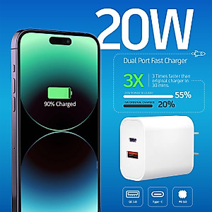 USB C Charger Block, 20W Dual Port PD+QC Power Wall Charger Adapter, Fast Charging Plug for iPhone 15/14/13/12/11/Pro Max/XS/XR/X, Samsung Galaxy, LG and More-3Pack