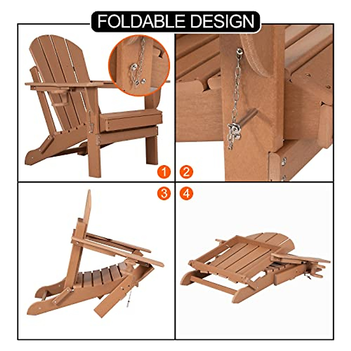 nalone Folding Adirondack Chairs Set of 2 with Cushion with Cup Holder, HDPE Plastic Oversized Patio Chair Weather Resistant, Used in Outdoor, Fire Pit, Deck, Garden, Campfire Chairs (Teak)