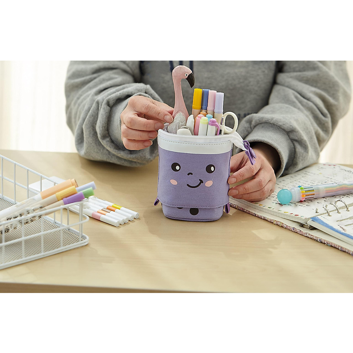 Friinder Telescopic Pencil Bag Pen Holder Pop Up Stationery Case, Stand-up Retractable Transformer Bag Standing Organizer, Great for Christmas Holiday New Year Office Bag