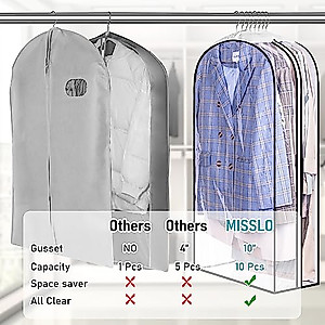 MISSLO 10" Gusseted All Clear Garment Bags for Hanging Clothes 40" Suit Bags for Closet Storage Hanging Clothes Storage Bags for Shirts, Coats, Dresses, 3 Packs