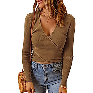 PRETTYGARDEN Women's Long Sleeve Cropped Sweaters Cross V Neck Pullover Ribbed Knit Slim Fitted Asymmetrical Tops Khaki