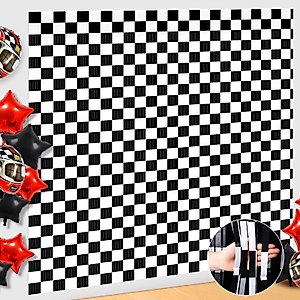 WovWeave 2 Pack Race Car Backdrops Birthday Party Decorations Checkered Backdrop Black and White Foil Fringe Curtains for Race Car Birthday Fast Wheels Lightning Party Decoration Banner Photo Prop