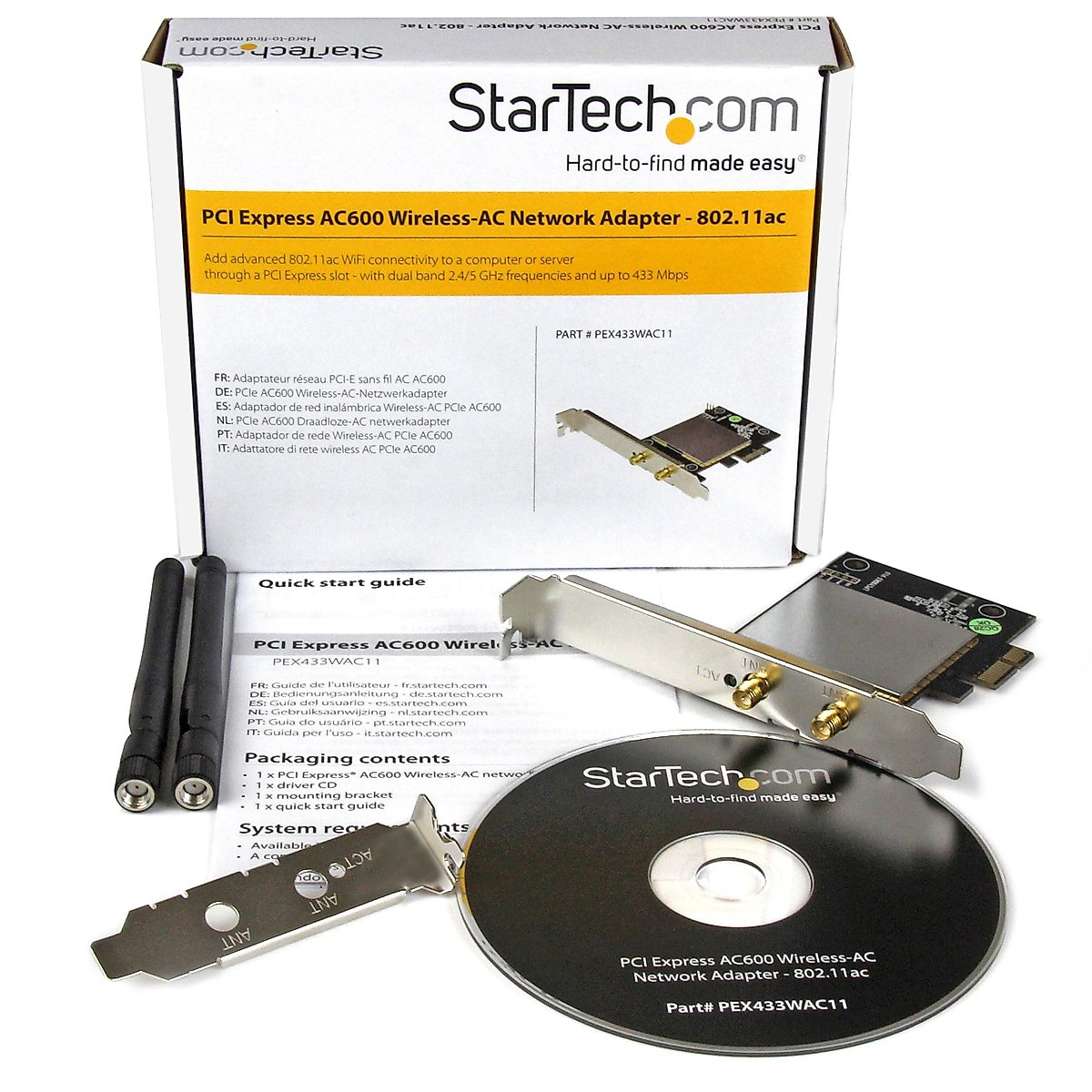 StarTech.com AC600 Wireless-AC Network Adapter - 802.11ac, PCI Express - Dual Band 2.4GHz / 5GHz PCIe Wireless Network Card, TAA (PEX433WAC11)