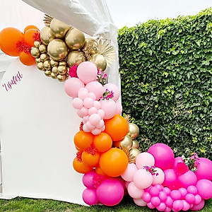 COKAOBE Pink Orange Balloon Garland Arch Kit, 124pcs Hot Pink Orange Chrome Metallic Gold Latex Balloons for Birthday Wedding Baby Shower Tropical Party Supplies Summer Party Decorations