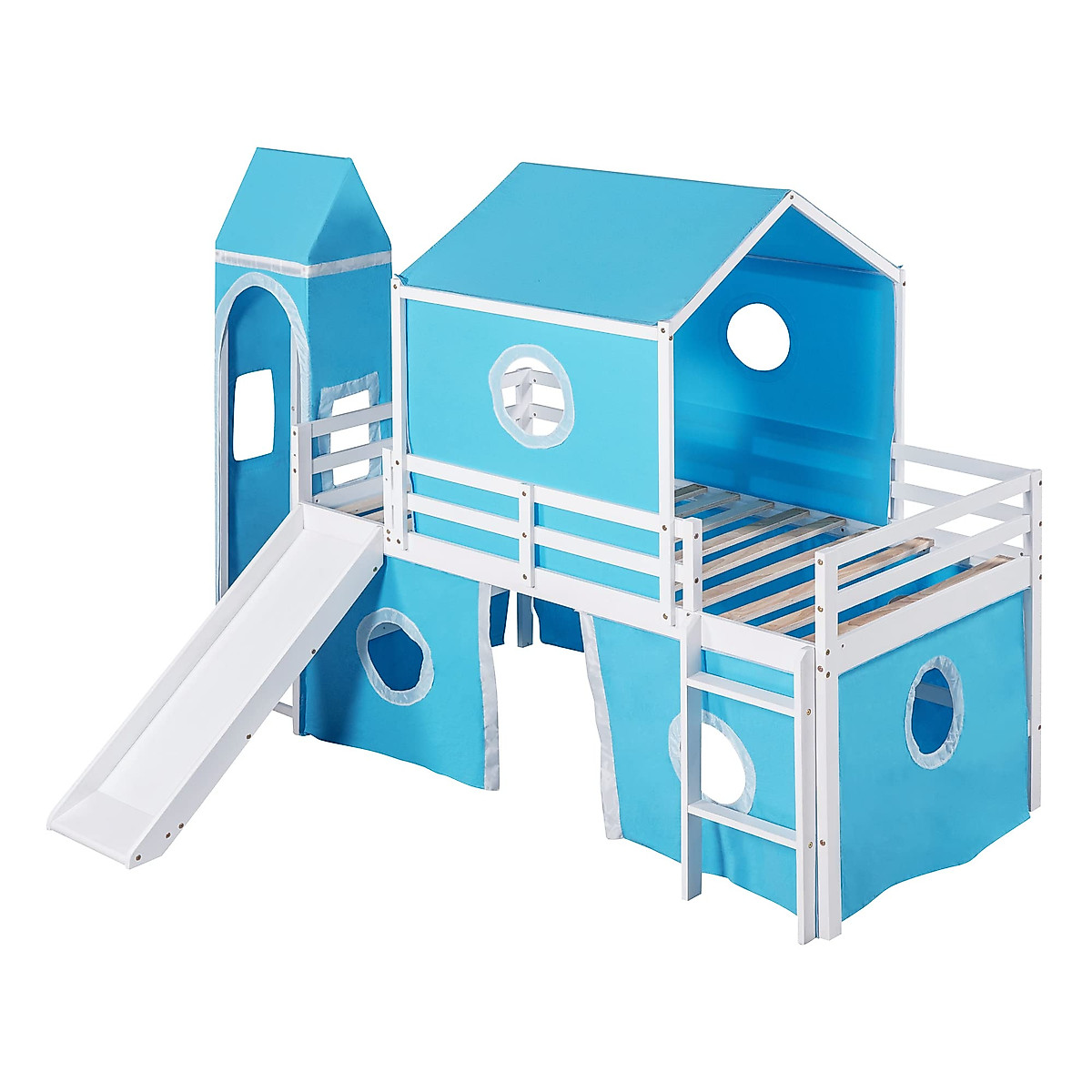 Harper & Bright Designs House Loft Bed with Slide and Tent, Twin Size Loft Bed with Small Pinnacle and Ladders, Wood Bunk Bed, Playhouse Bed Frame for Kids, Teens, Boys & Girls (Twin Size, Blue)