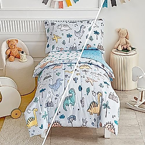 Joyreap 4 Piece Toddler Bedding Set, Cute Dinosaur on Light Blue, Ultra Soft Microfiber Toddler Comforter for Kids Boys Girls, Includes Quilted Comforter, Fitted Sheet, Top Sheet, and Pillow Case