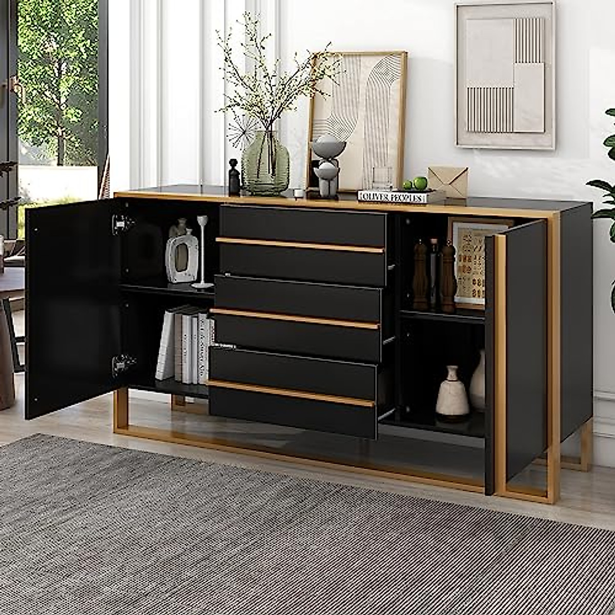 WADRI 59" Sideboard with 3 Drawers and 2 Cabinets, Wood Accent Storage Cabinet with Adjustable Shelves and Gold Metal Legs, Cabinet Console Table for Living Room, Home Office (Black + MDF-A46)