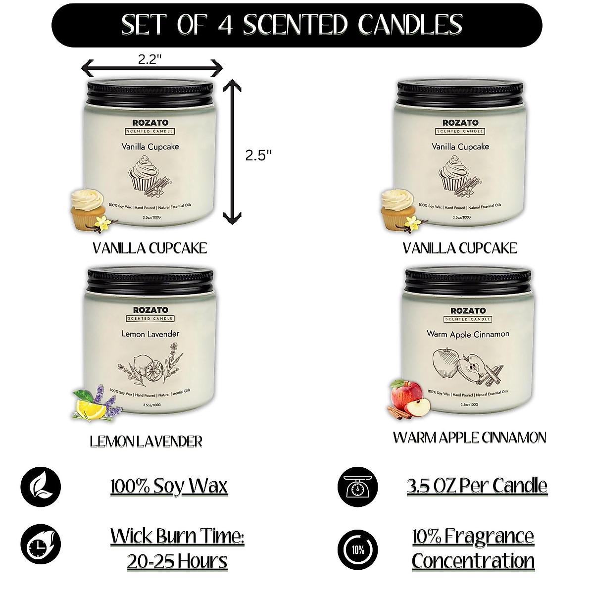 ROZATO Set of 4 Scented Jar Candles, Aromatherapy Candles Clearance for Home Scented, Long-Lasting 100% Soy Wax Candle Gifts for Women Her Mom Housewarming, Lavender Vanilla Apple Cinnamon Scents