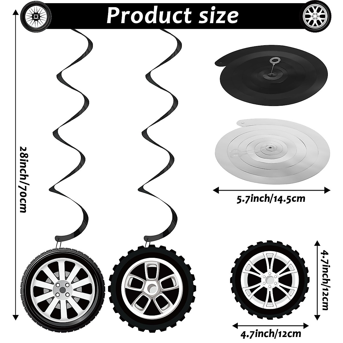 60PCS Race Car Birthday Party Decorations Wheel Tire Hanging Swirls Ornaments Racing Car Ceiling Hanging Decor Supplies Tire Tubes Hanging Decor for Race Car Theme Party Birthday Party Favors