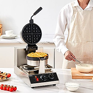 VEVOR Commercial Waffle Maker, 1300W Round Waffle Iron, Non-Stick Rotatable Waffle Baker Machine With 122-572℉ Temp Range and Time Control, Teflon-Coated Baking Pan Stainless Steel Body 120V