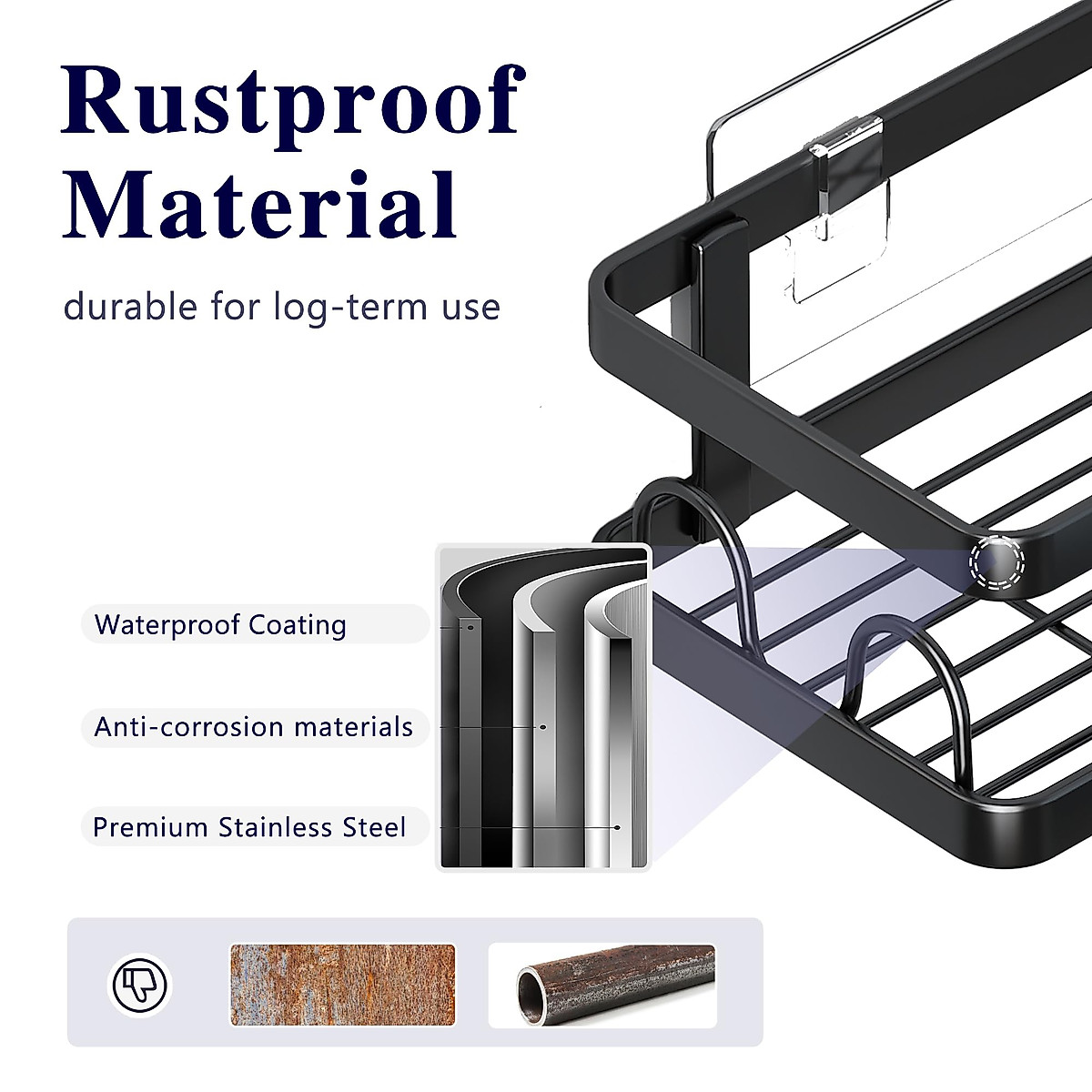 pavtner Corner Shower Caddy, Adhesive Stainless Steel Shower Shelf Shower Caddy, Corner Shower Shelves for Inside Shower, Shower Organizer Shelf With 8 hooks, Shower Storage Organizer Rack Black