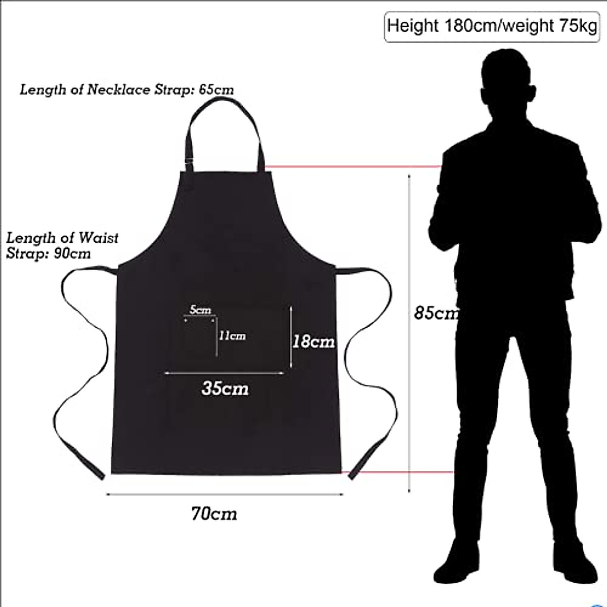LessMo Bib Apron, Canvas Cotton Cooking Aprons for Women Men, Adjustable Neck Strap with 3 Pockets, 100% Cotton, Professional Quality 70 x 85 cm, for Chef Restaurant, Kitchen, BBQ (Black)
