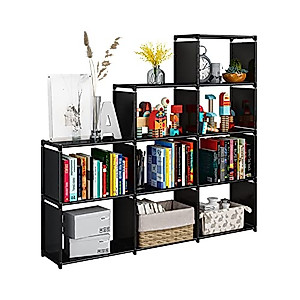 JIUYOTREE Portable Bookcase, 9 Cube Closet Storage Organizer Bookshelf,Clothes Storage for Living Room,Study Room,Bedroom, Black