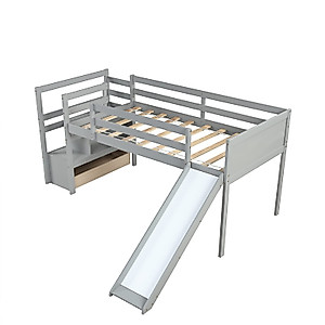 Low Loft Bed with Slide and Stairs Twin Loft Bed with Storage Wood Bed Frame for Kids Teens Girls Boys， Gray