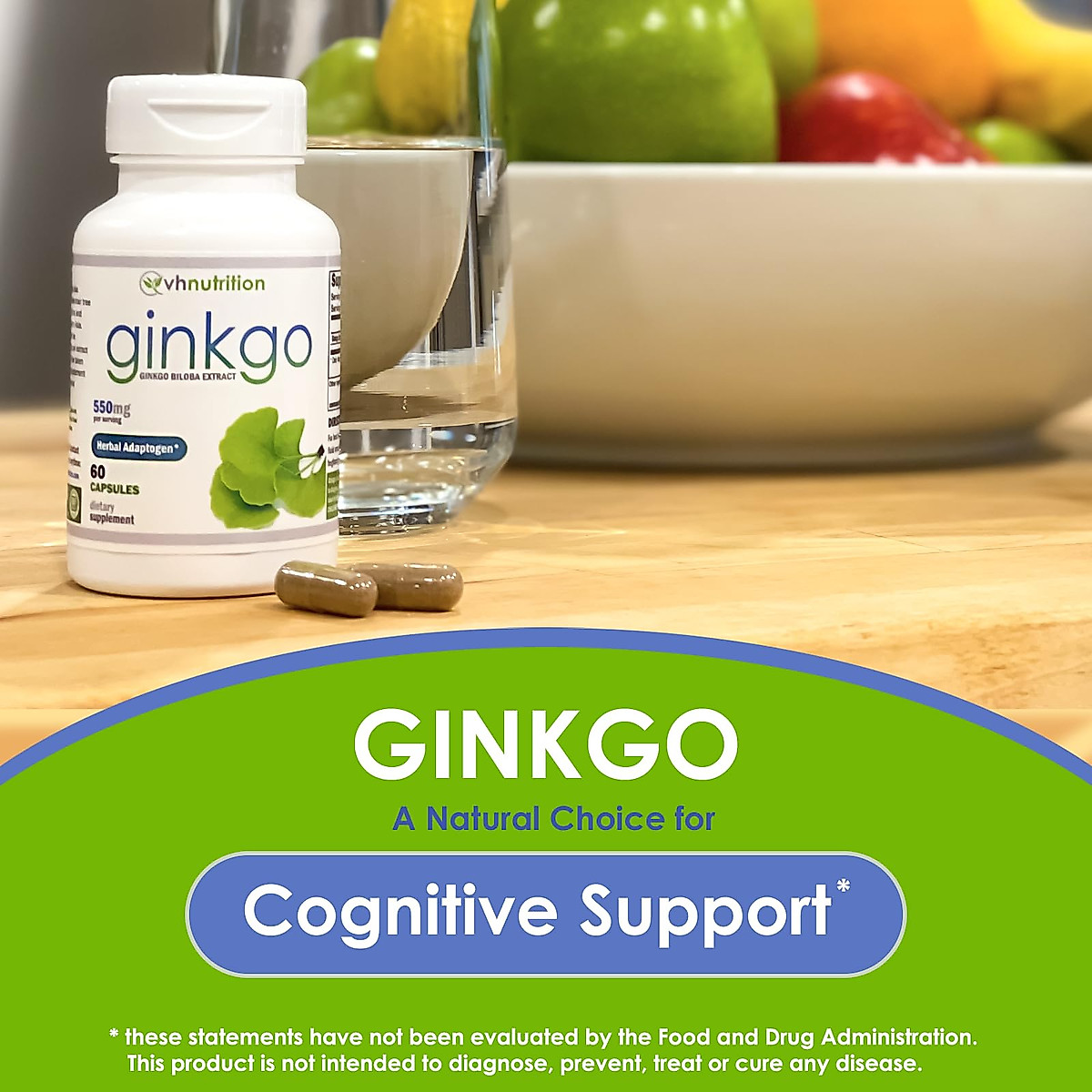 VH Nutrition Ginkgo BILOBA | 550mg Standardized Extract Supplements | Cognitive and Memory Support* | Boost Mental Clarity and Focus | Brain Health Supplement | 60 Capsules