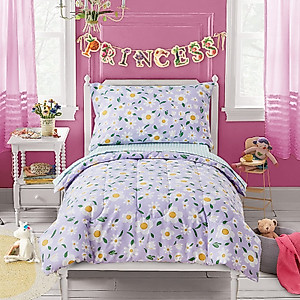 UOZZI BEDDING 4 Pieces White Girls Toddler Bedding Set Purple Floral Style - Includes Adorable Quilted Flower Comforter, Green Plaid Fitted Sheet, Top Sheet, and Pillow Case for Girls Bed