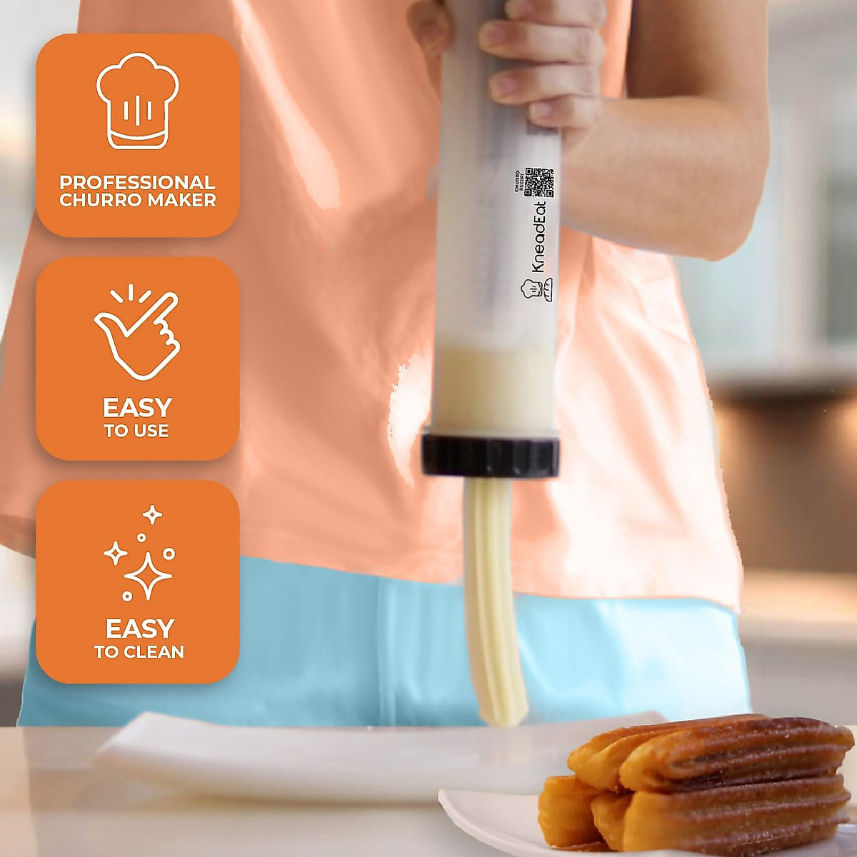 KneadEat Churro Maker Professional Churrera - Churros Gun Kit Set. Includes a Piping Bag with a Large Needle. QR e-recipe included (Gun 1lb)