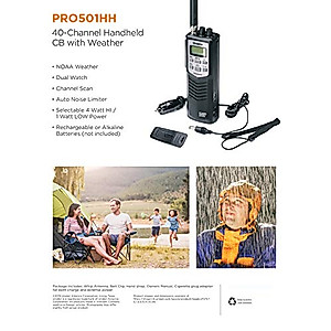 Uniden PRO501HH Pro-Series 40-Channel Portable Handheld CB Radio/Emergency/Travel Radio, Large LCD Display, High/Low Power Saver, 4-Watts, Auto Noise Limiter, NOAA Weather, and Earphone Jack