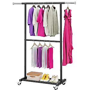 MWQ Double Rod Clothes Garment Rack on Wheels, 50in Long Rolling Clothing Storage Organizer with Adjustable Rod and Shelf, Black