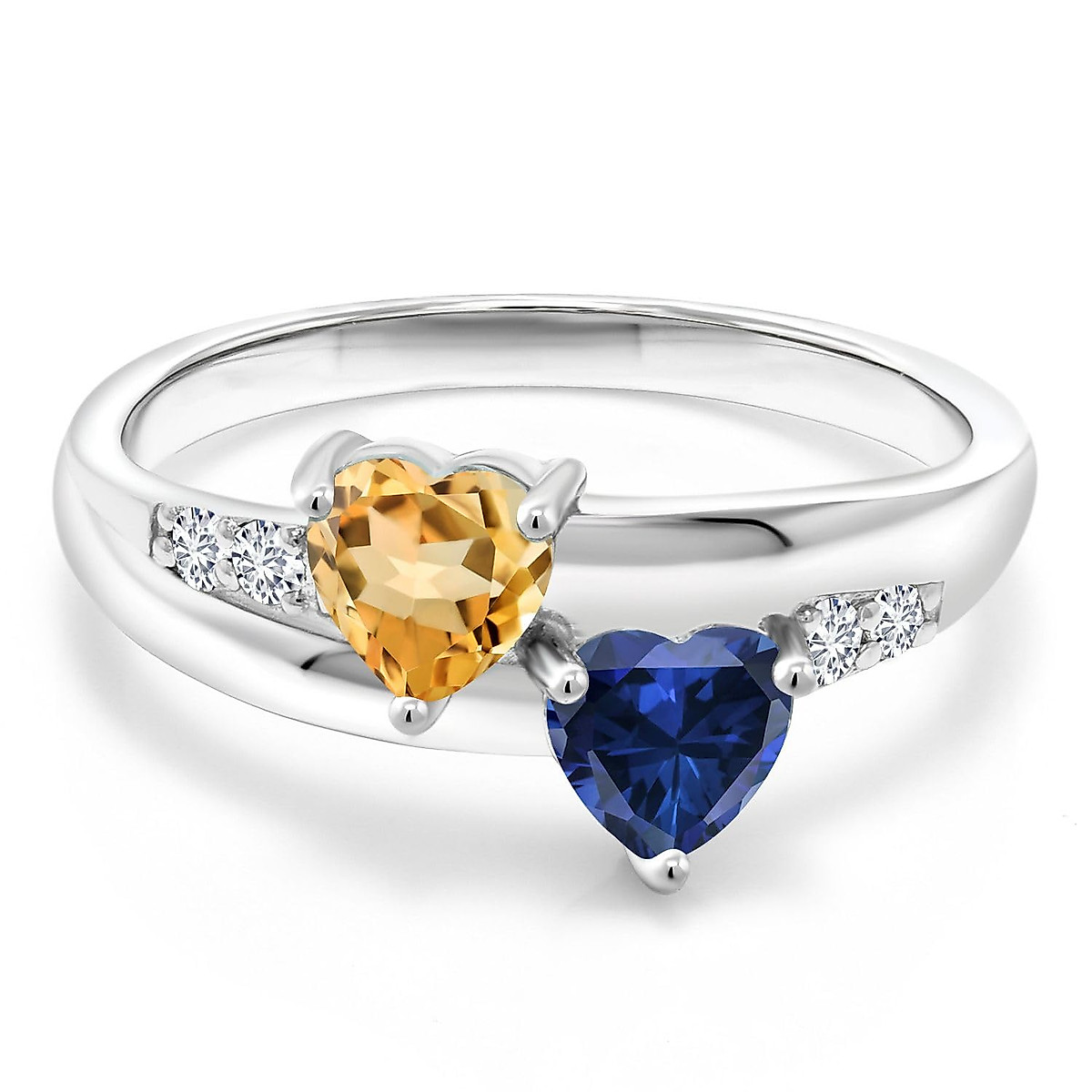 Gem Stone King 1.15 Ct Yellow Citrine Blue Created Sapphire 925 Sterling Silver Lab Grown Diamond Ring (Size 7)