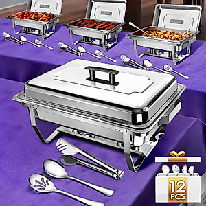 4 Pack Stainless Steel Chafing Dishes Buffet Set with Serving Utensils Sets by Teivio,9 QT Rectangular Silver Chafer Complete Set, Buffet Servers and Food Warmer for Catering, Party, Wedding
