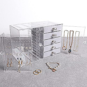Frebeauty Acrylic Jewelry Box Clear Earring Organizer Storage Boxes,Necklace Hanging with 5 Removable Velvet Drawers Large Jewelry Display Case for Stud Rings Bracelets for Gift,(Grey)