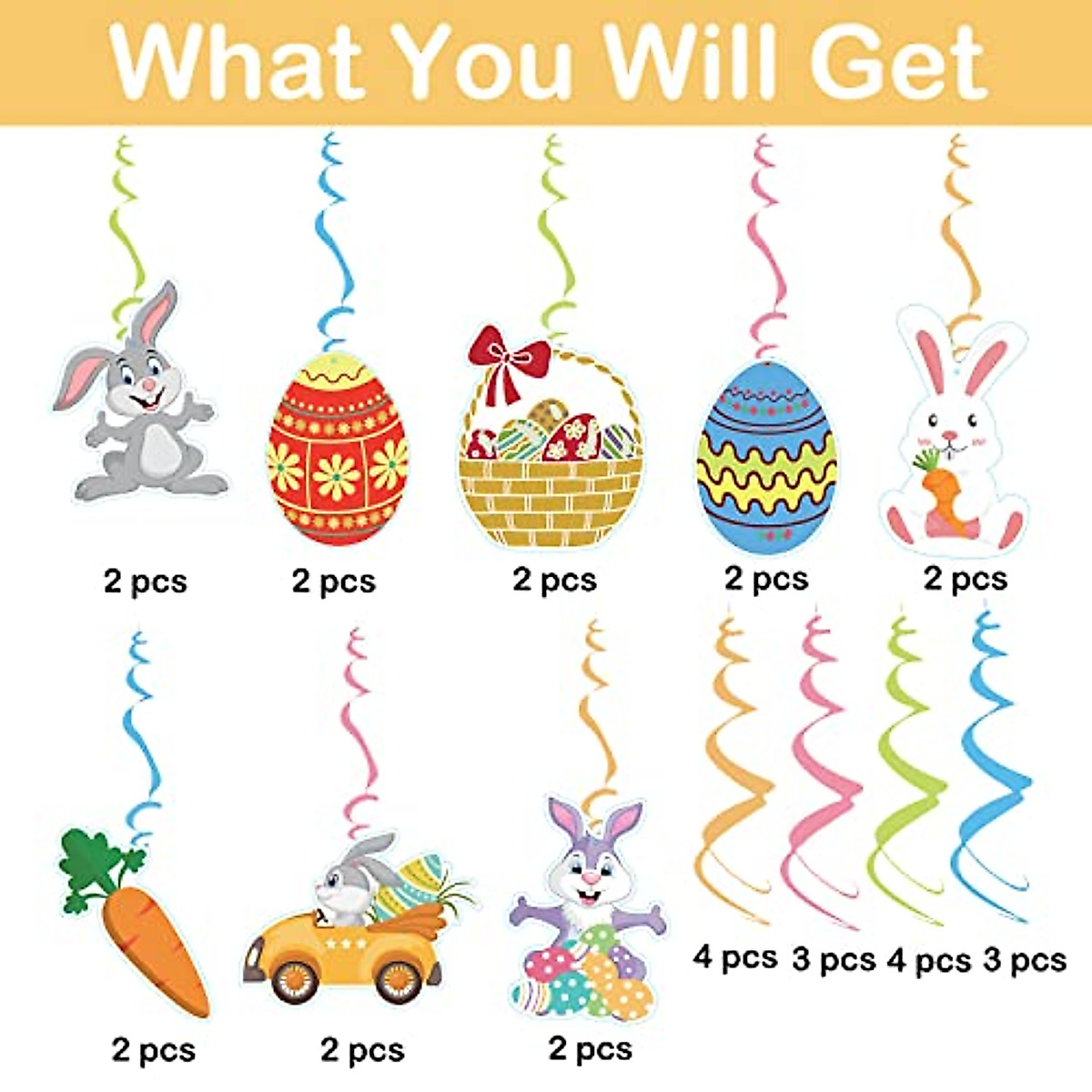 Mocossmy Easter Hanging Swirl Decorations,30 PCS Easter Egg Baskets Bunny Carrot Hanging Swirl Foil Ceiling Streamers for Easter Spring Home Office Classroom Party Ornaments Favors Supplies Decoration