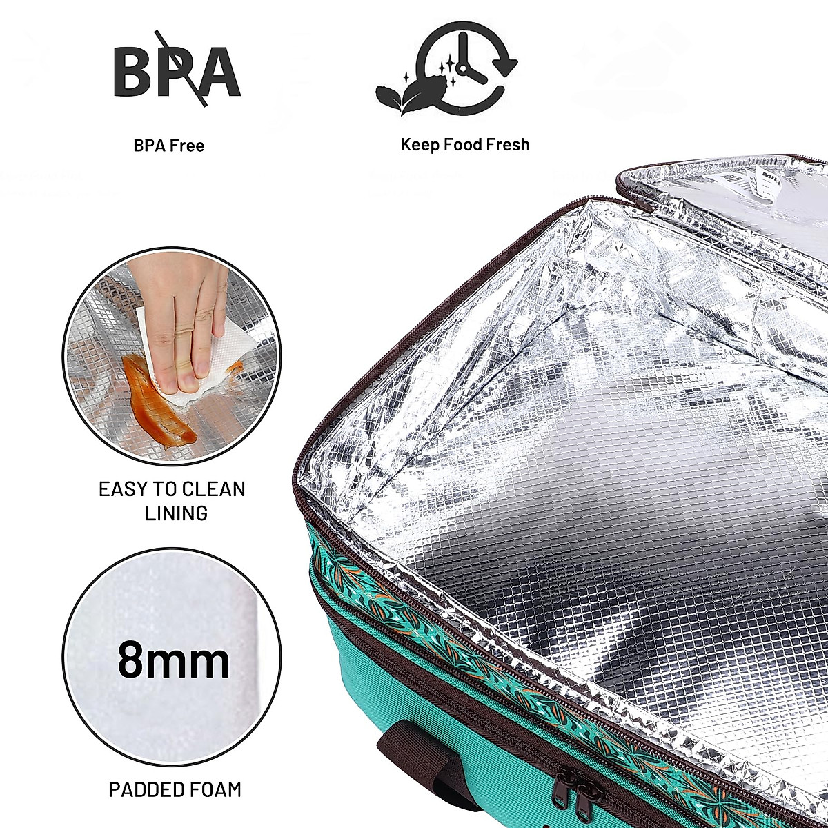 MIER Insulated Double Casserole Carrier Bag Thermal Lunch Tote for Lasagna Lugger, Potluck Parties, Picnic, Beach, Fits 9 x 13 Inches Baking Dish, Casserole Dish, Expandable by Mid Zipper, Teal