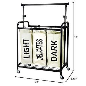 Oceanstar 3-Bag Rolling Laundry Sorter with Adjustable Hanging Bar, White