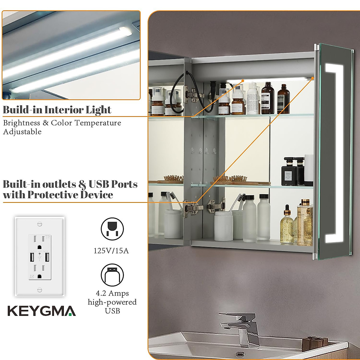 LADEED Lighted Medicine Cabinet with Mirror Outlet,30 X 26 Inch,Recessed Or Surface-Mounted Led Medicine Cabinet Mirror for Bathroom Storage,Interior Light, Double Door,Defog,Stepless Dimming