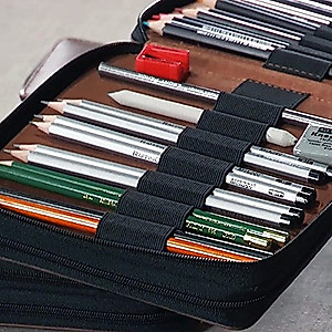 Creative Mark Soft Genuine Leather Pencil Case Holds 48 Pencil Pen Marker Makeup Brush Artist Tool Paint Brush Zippered Pouch Holder-48 Count [Black]