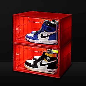 Boshen 1 Pack LED Shoe Display Cases with Voice Control Stackable Extra Large Sneaker Storage Box Magnetic Drop Side Shoe Collection Organizer for Men 13.5 & Women 14 (Red)