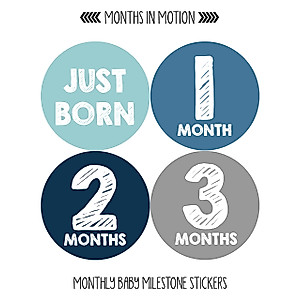 Months in Motion Baby Monthly Stickers - Baby Milestone Stickers - Newborn Boy Stickers - Month Stickers for Baby Boy - Baby Boy Stickers - Newborn Monthly Milestone Stickers - Set of 20
