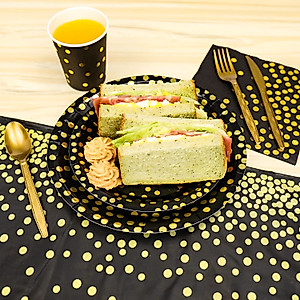 350 Pieces Gold Disposable Party Dinnerware Set &Golden Dot Disposable Party Dinnerware - Black Paper Plates Napkins Cups, Gold Plastic Forks Knives Spoons