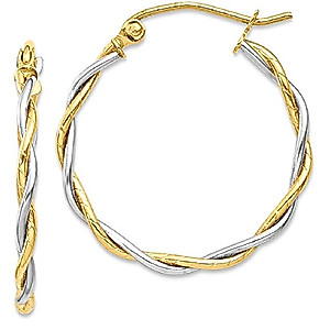 14K Two Tone Gold 1.8mm Twisted Round Hoop Earrings