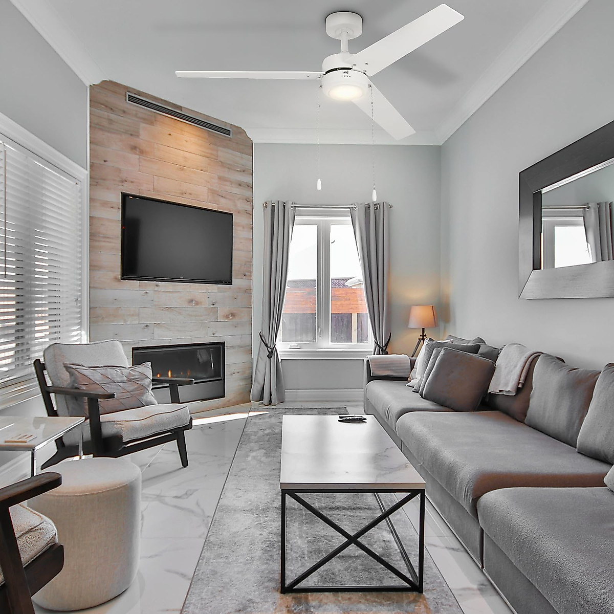 hykolity 52 inch Ceiling Fan with LED Lights(3000K/4000K/5000K), Pull Chain, Noiseless Reversible Motor and Blades, 3 Speed, ETL Listed, for Patio Living Room, Bedroom, Office - White