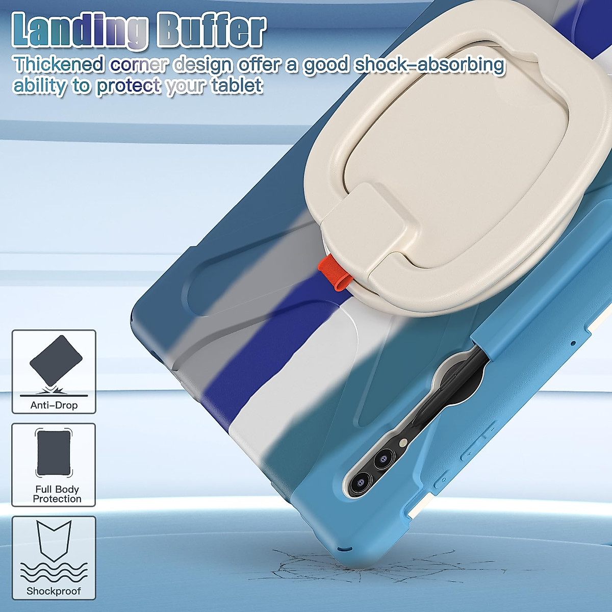 360 Rotation Case for Samsung Galaxy Tab S9 Ultra 14.6" Sturdy Cover Rotate Ring Stand Shoulder Carrying Strap Hand Strap Rugged Children Adults Outdoor Case (Colourful Blue)