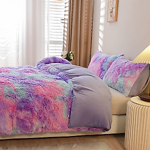 Holawakaka Aqua Teal Purple Tie Dye Shaggy Fuzzy Duvet Cover Set Queen Size Faux Fur Bedding Sets Furry Plush Comforter Cover (Teal Lavender)