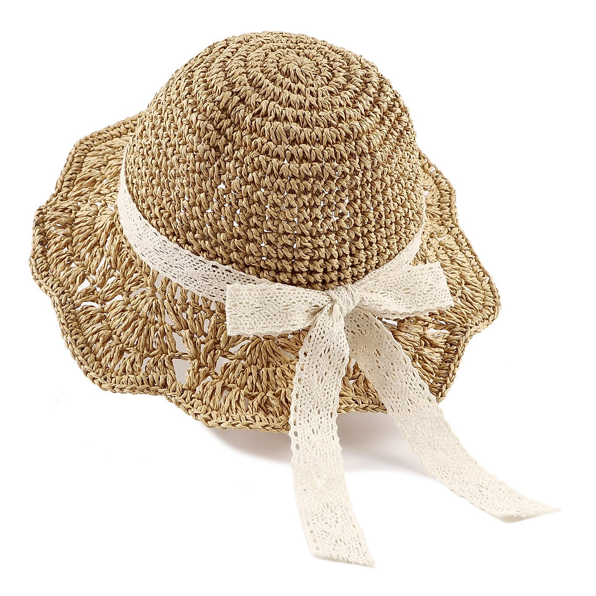 Baby Girl Straw Hat 3-6 Years Girls Summer Beach Hats with Bowknot Sun Protection Hats for Kids (Khaki)