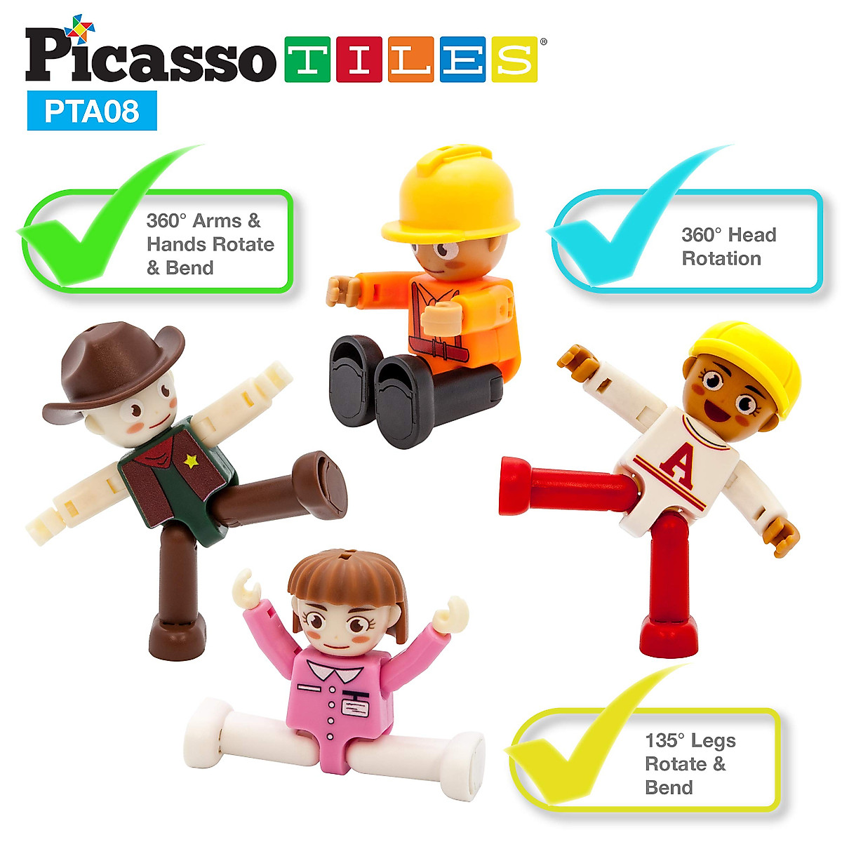 PicassoTiles 16 Piece Character Action Figures Toddler Toy Set Expansion Pack Magnetic Construction Blocks STEM Pretend Play Toys Building Tiles PTA08