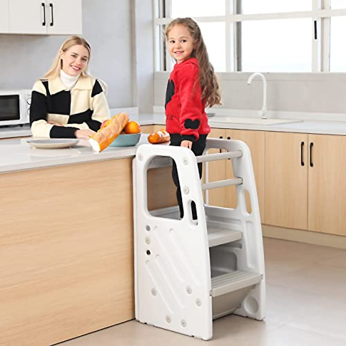 SDADI Childrens Step Stool with Three Adjustable Heights, Plastic Kitchen Learning Stool for Toddlers, White PLT01W